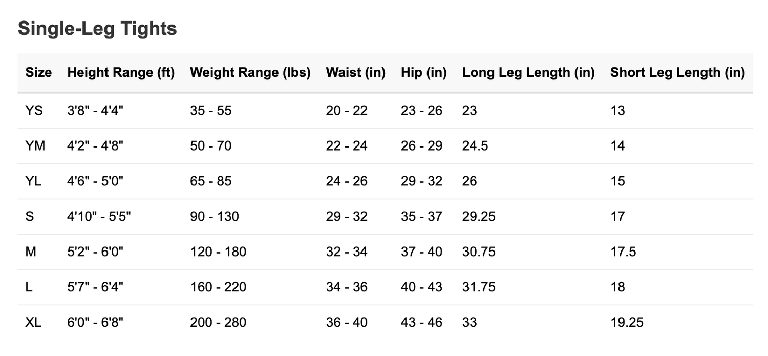 Single Leg Tights Size Chart – Court Candy
